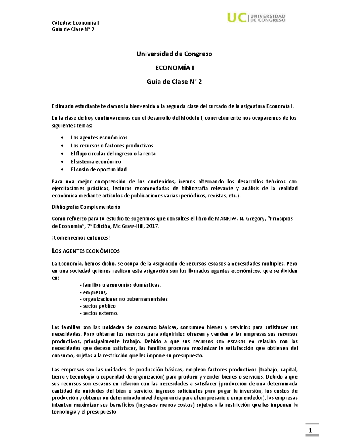 Economía I-Guía de Clase N° 2 2023 - Guía de Clase N° 2 Universidad de ...
