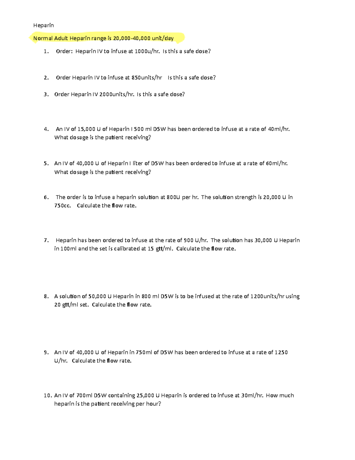 Heparin drug and dosage practice problems - Heparin Normal Adult ...