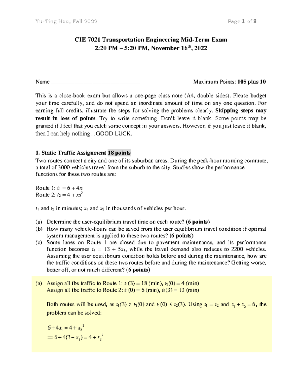 CIE 7021 TE Mid-term (2022) sol - CIE 7021 Transportation Engineering ...