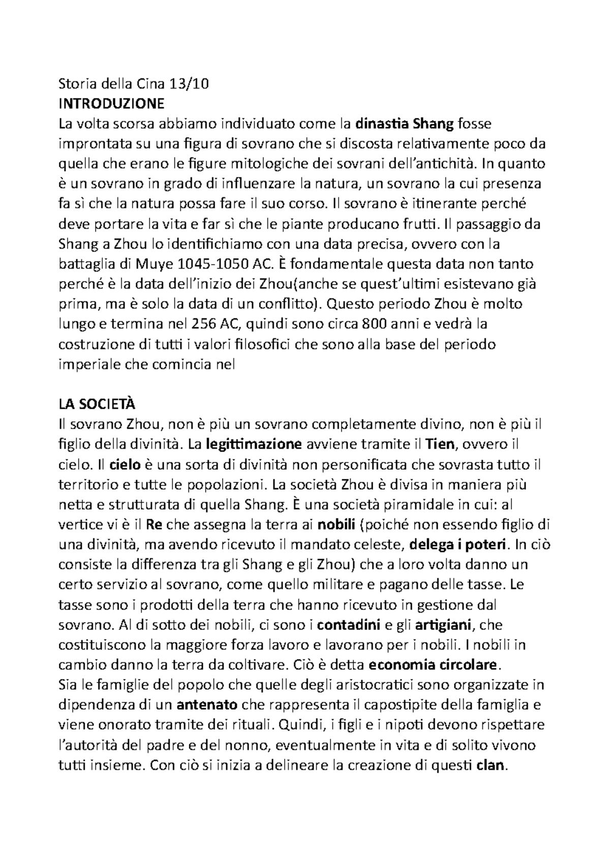 Storia cina appunti dei Zhou - Storia della Cina 13/ INTRODUZIONE La ...