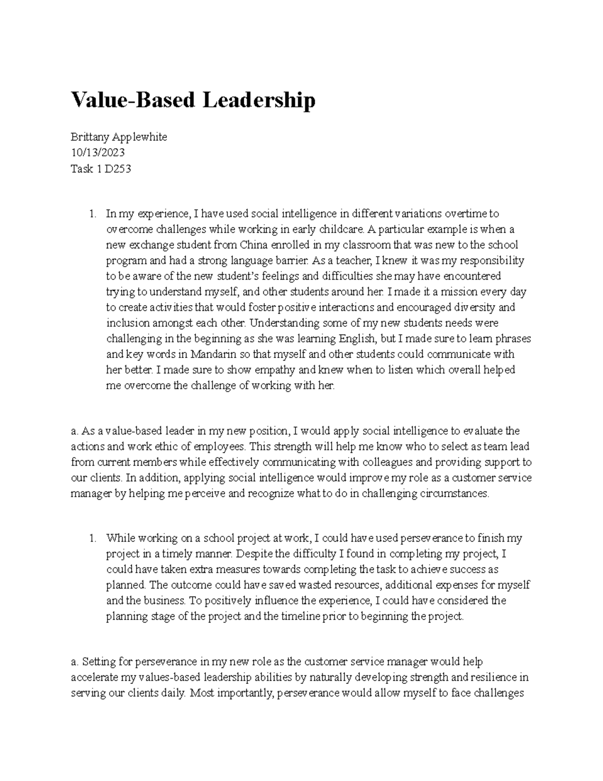 Values based leadership task 1 - Value-Based Leadership Brittany ...