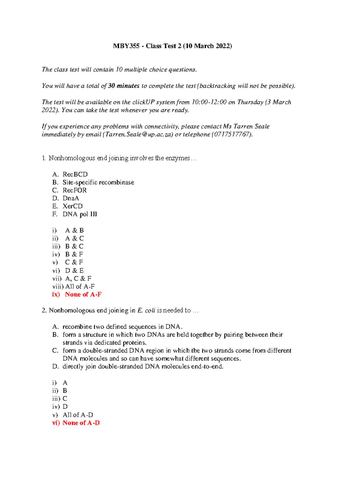 Class Test2 and MEMO updated - MBY355 - Class Test 2 (10 March 2022 ...