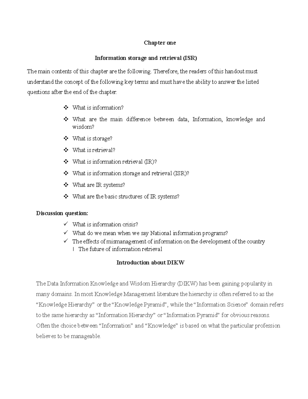 Chapter 1 new - Chapter one Information storage and retrieval (ISR) The ...