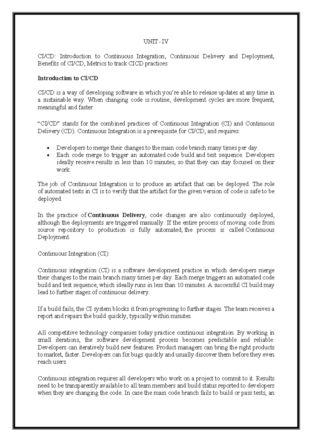 Devops UNIT 4 - Easy to study - UNIT- IV CI/CD: Introduction to Continuous Integration ...