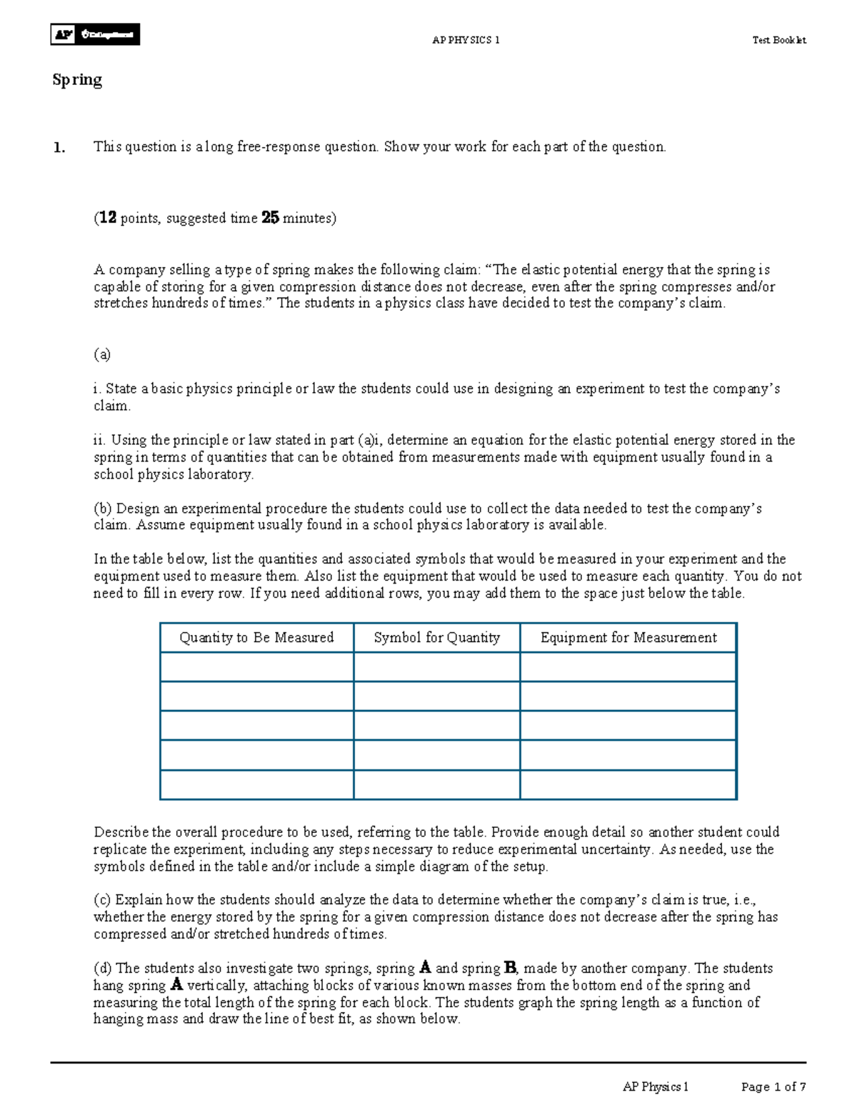 FRQ Experiment Spring - AP Physics C practice exam - 1. This question ...