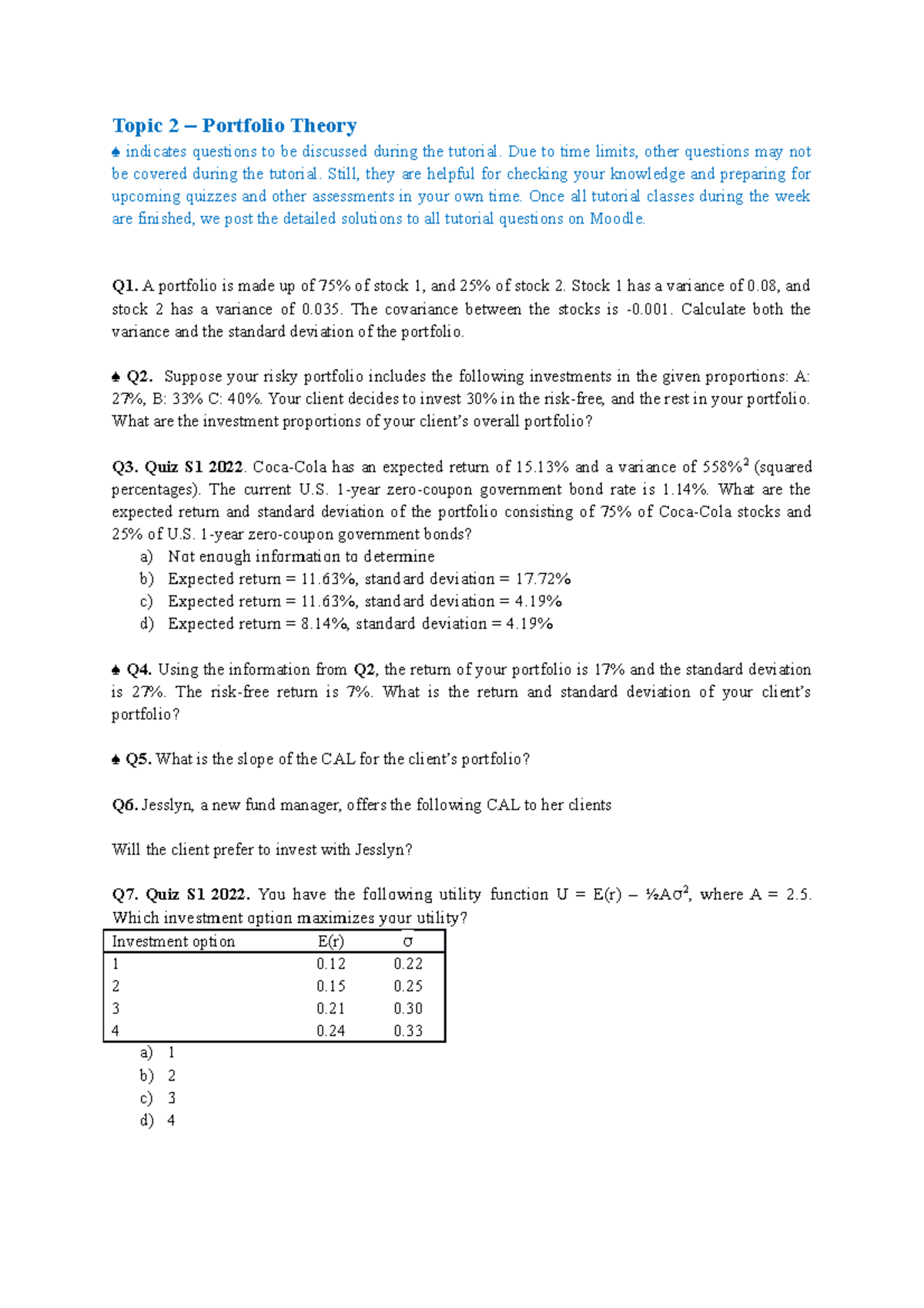 Tute 2 Qs - Tute 2 Questions - Topic 2 – Portfolio Theory ♠ indicates ...