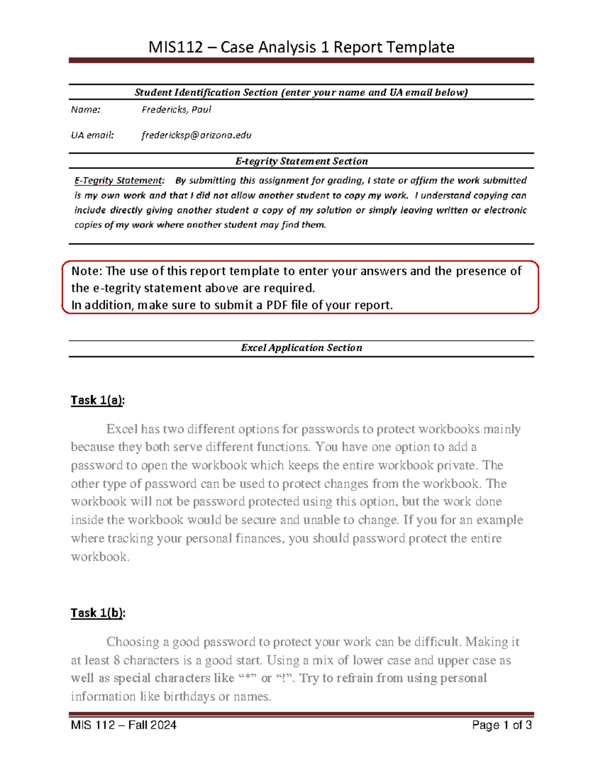 CA1 Template completed - MIS112 – Case Analysis 1 Report Template MIS 112 – Fall 2024 Page 1 of ...