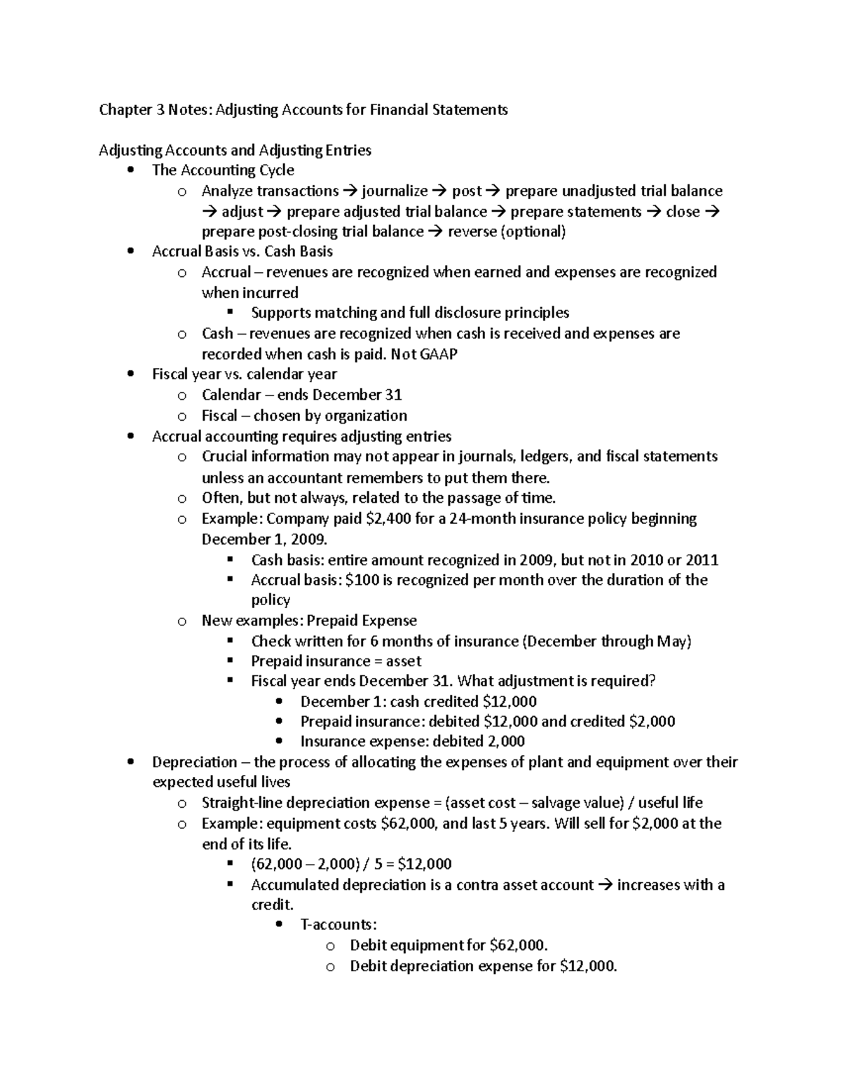Chapter 3 Notes - Chapter 3 Notes: Adjusting Accounts for Financial ...