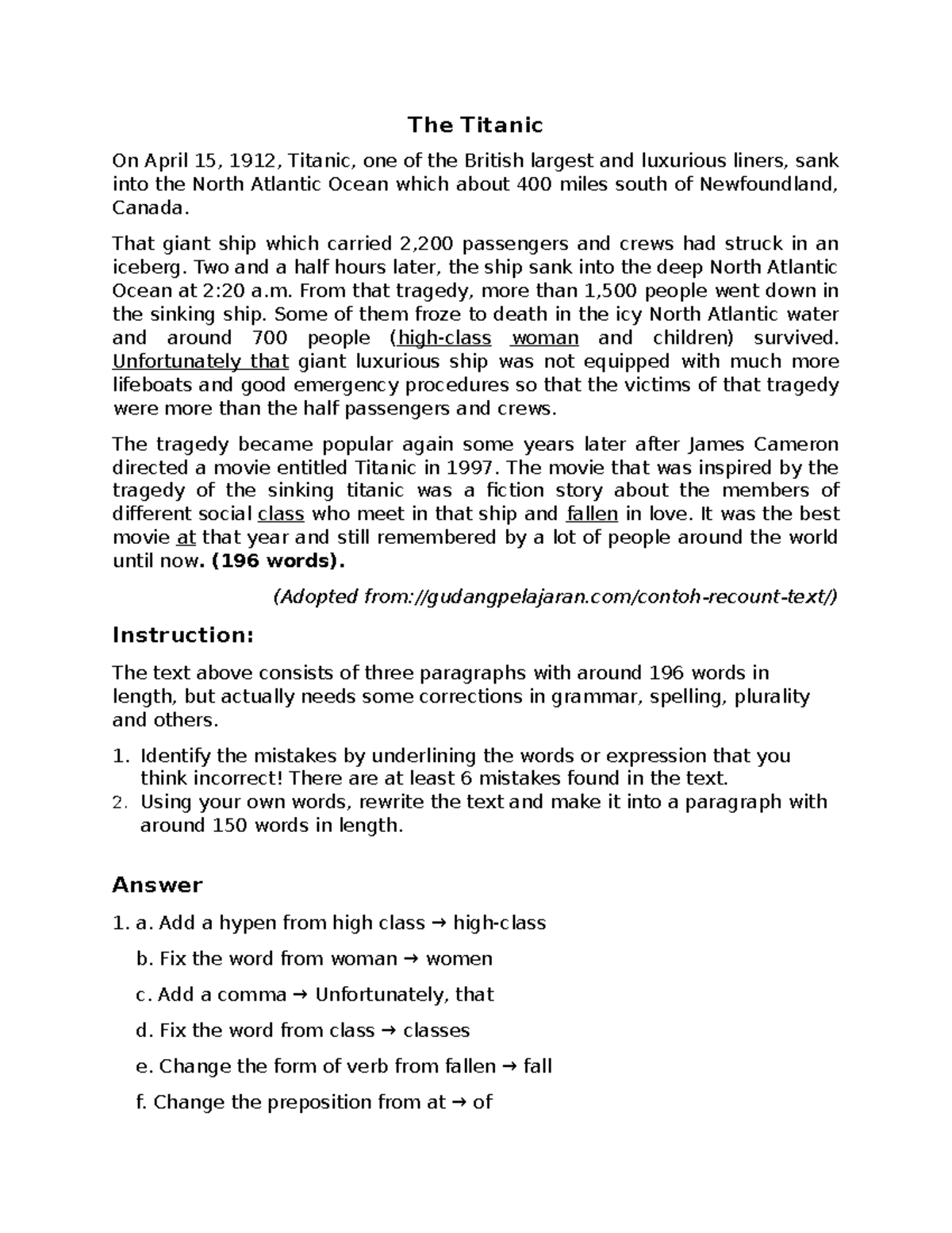 The Titanic - Daily Task - The Titanic On April 15, 1912, Titanic, one ...