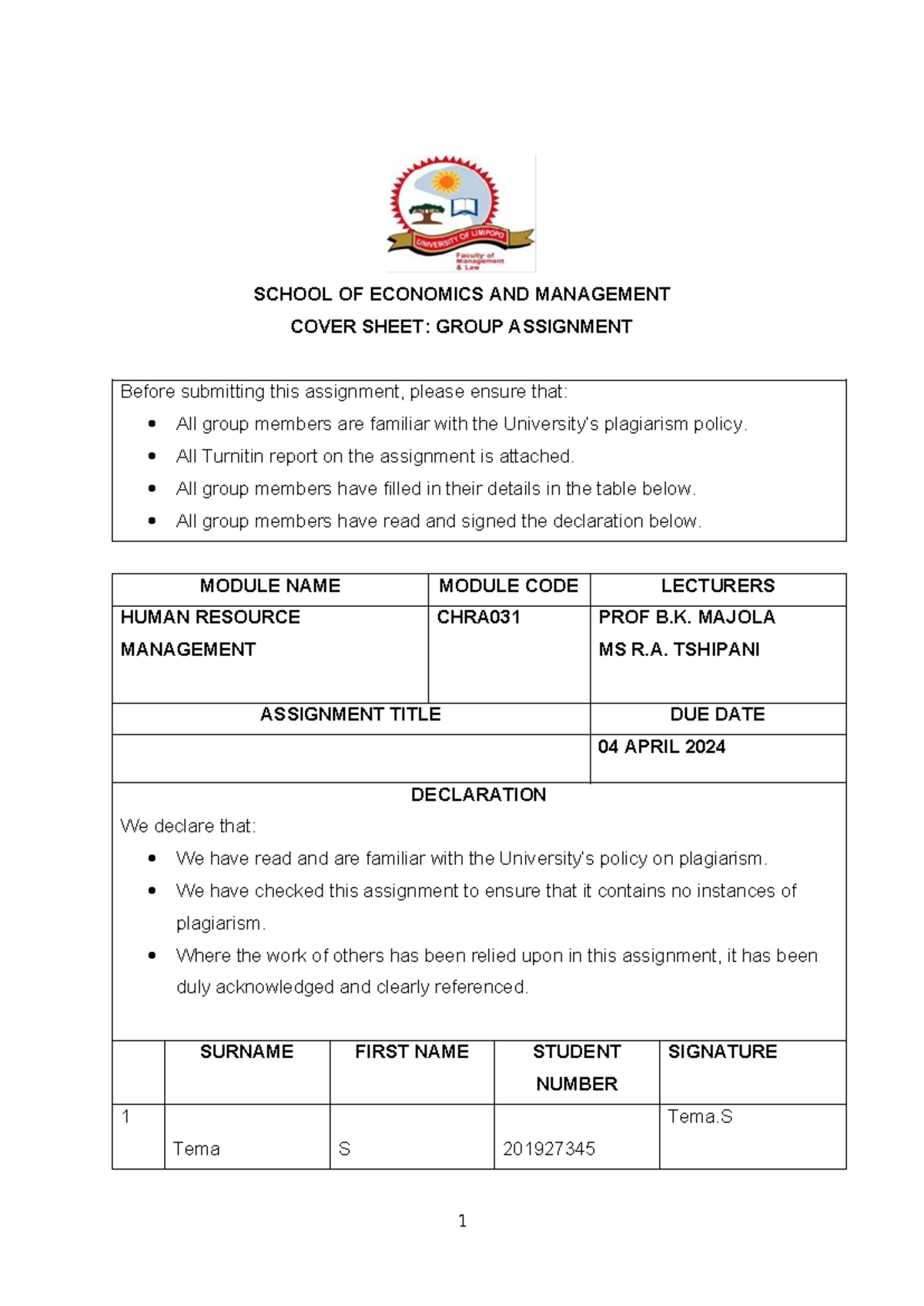 Human Resource Assignment final assignment copy - SCHOOL OF ECONOMICS ...