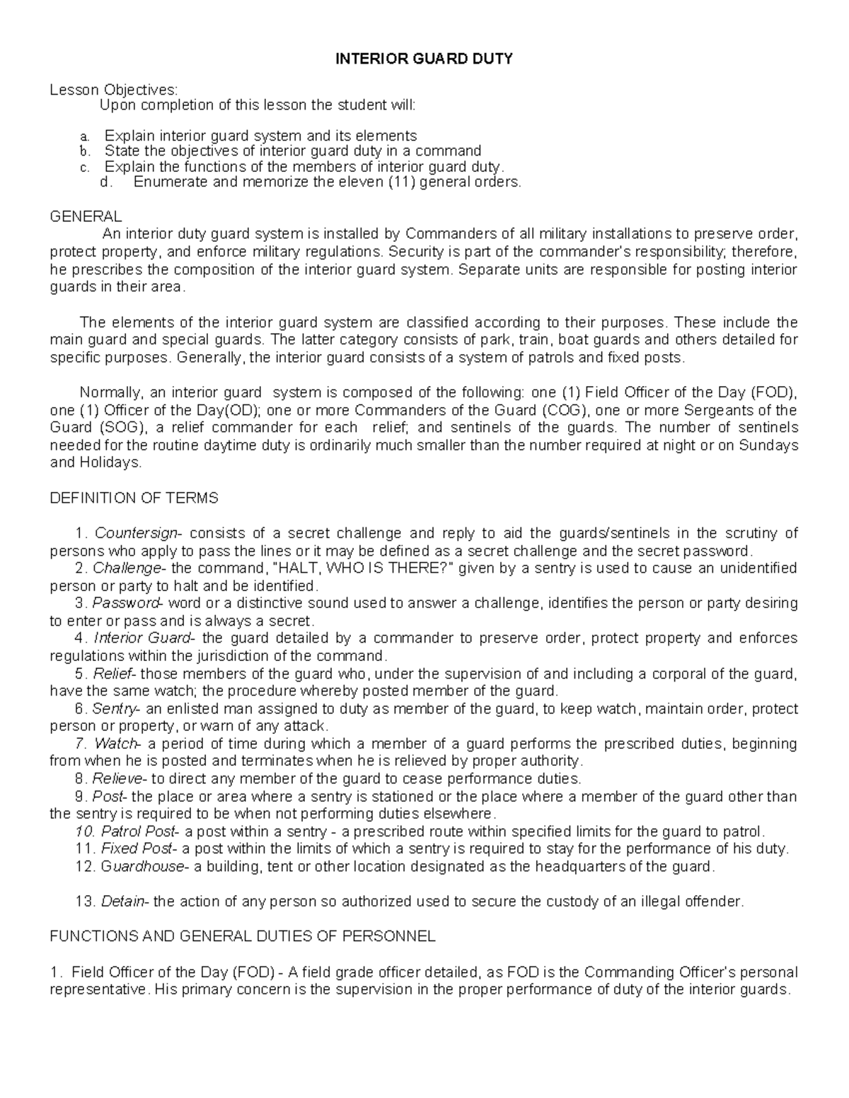 interior guard duty - INTERIOR GUARD DUTY Lesson Objectives: Upon ...