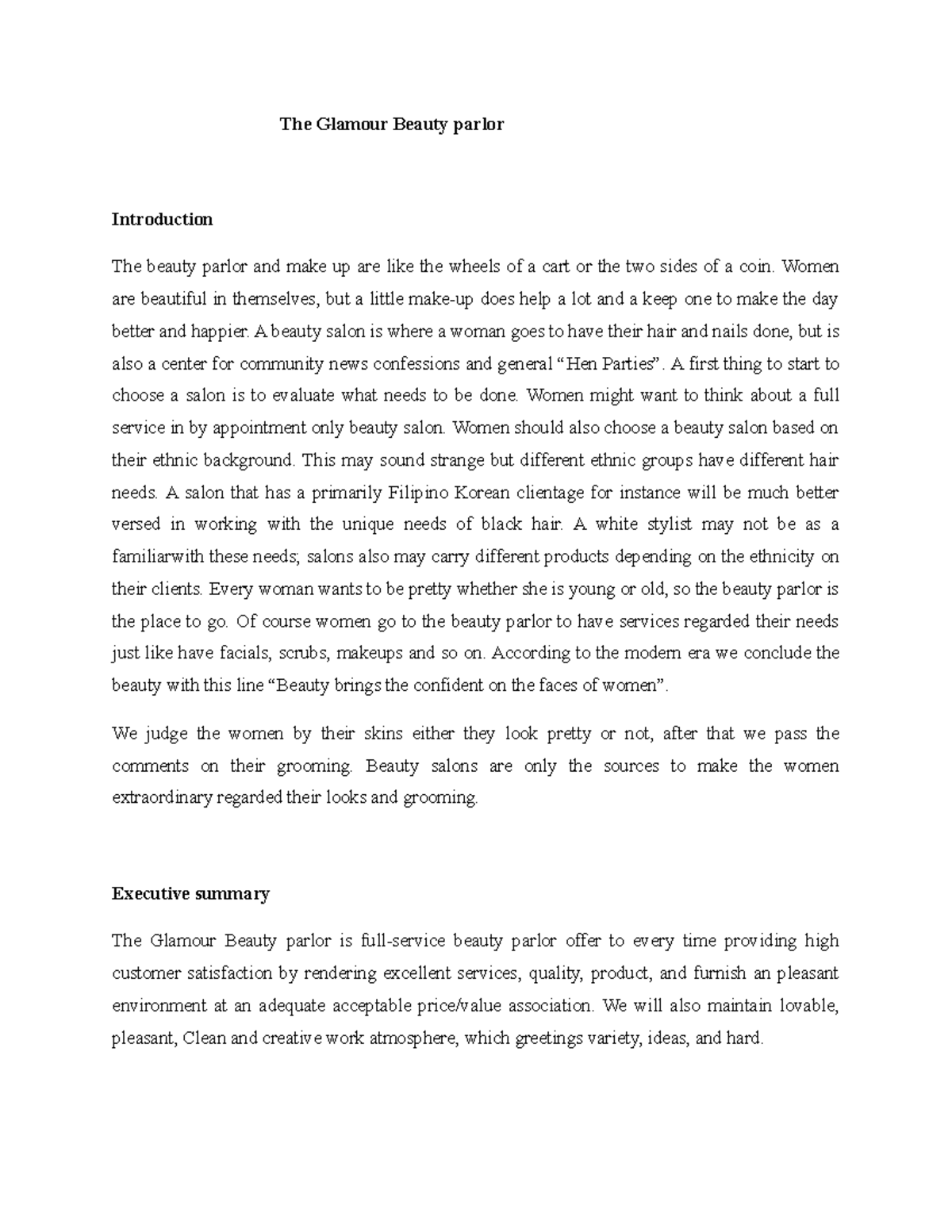 Booty parlour business plan - The Glamour Beauty parlor Introduction ...
