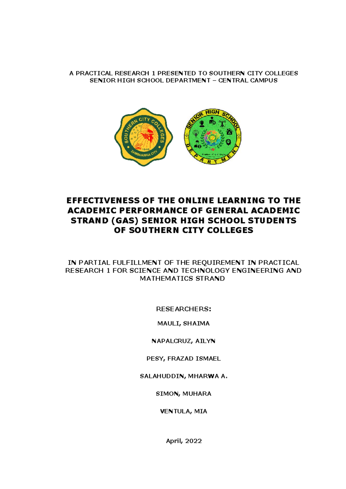 PR1 Chapter 1 Edited - A PRACTICAL RESEARCH 1 PRESENTED TO SOUTHERN ...