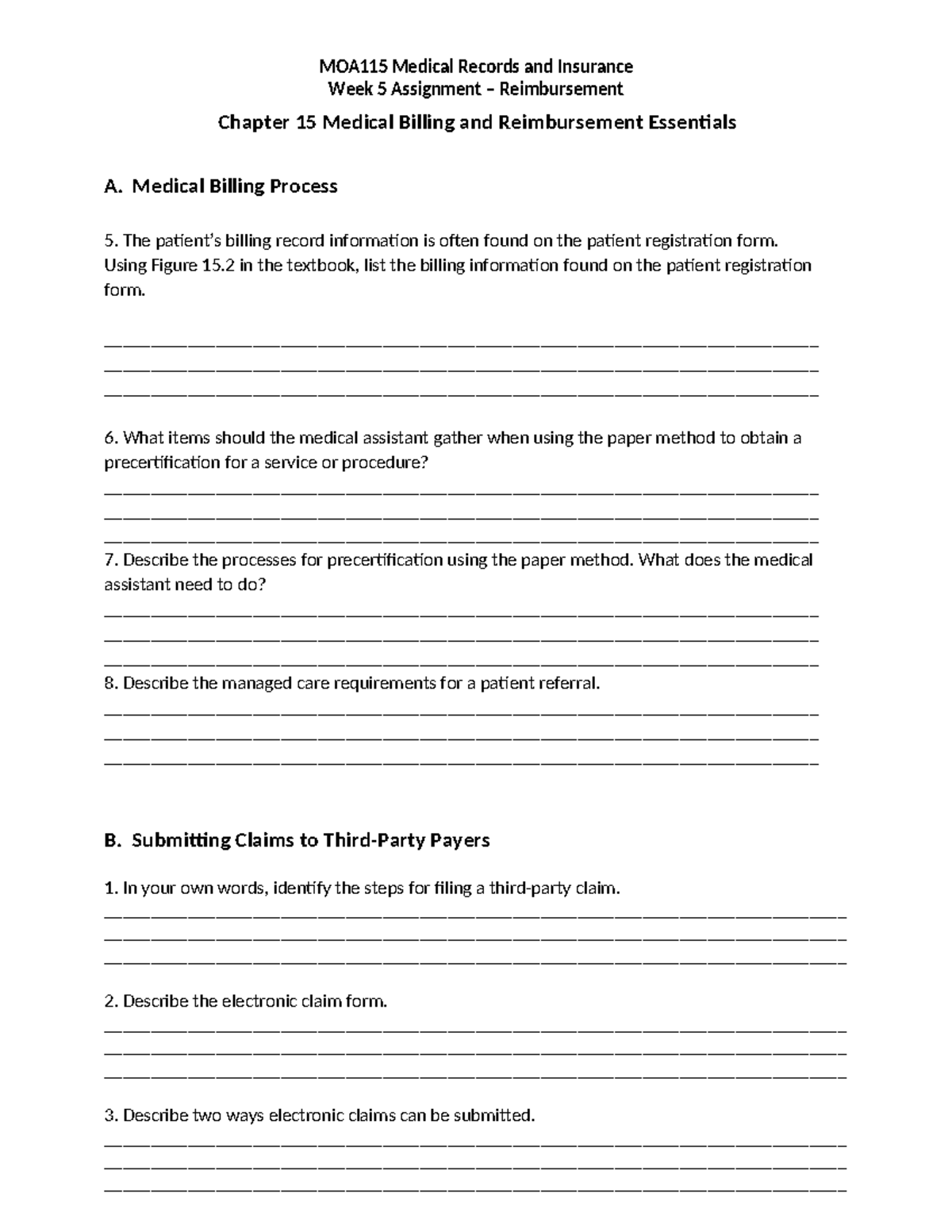 Week 5 Assignment Worksheet 15e - MOA115 Medical Records and Insurance ...