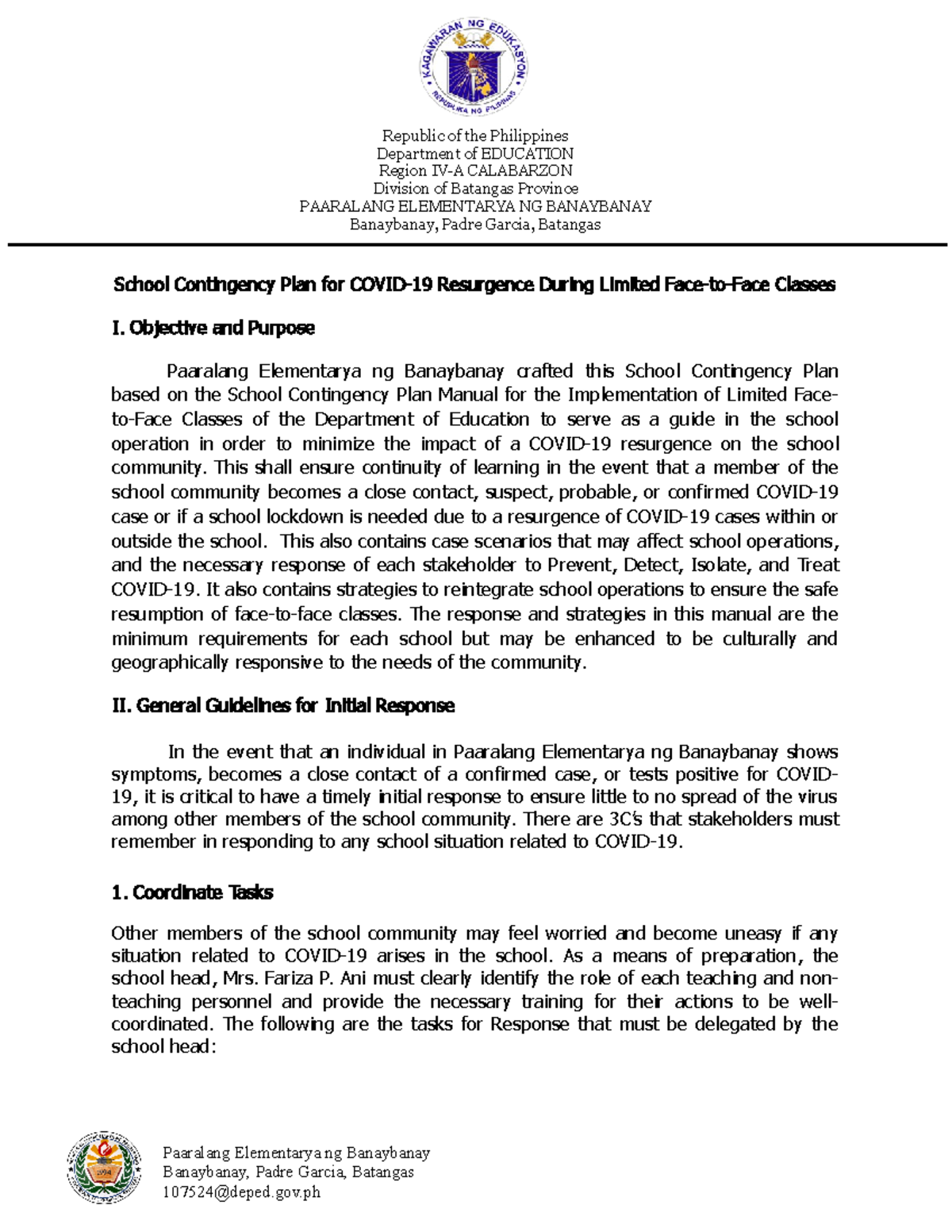 1. Limited F2F Learning Contingency PLAN - Department of EDUCATION ...