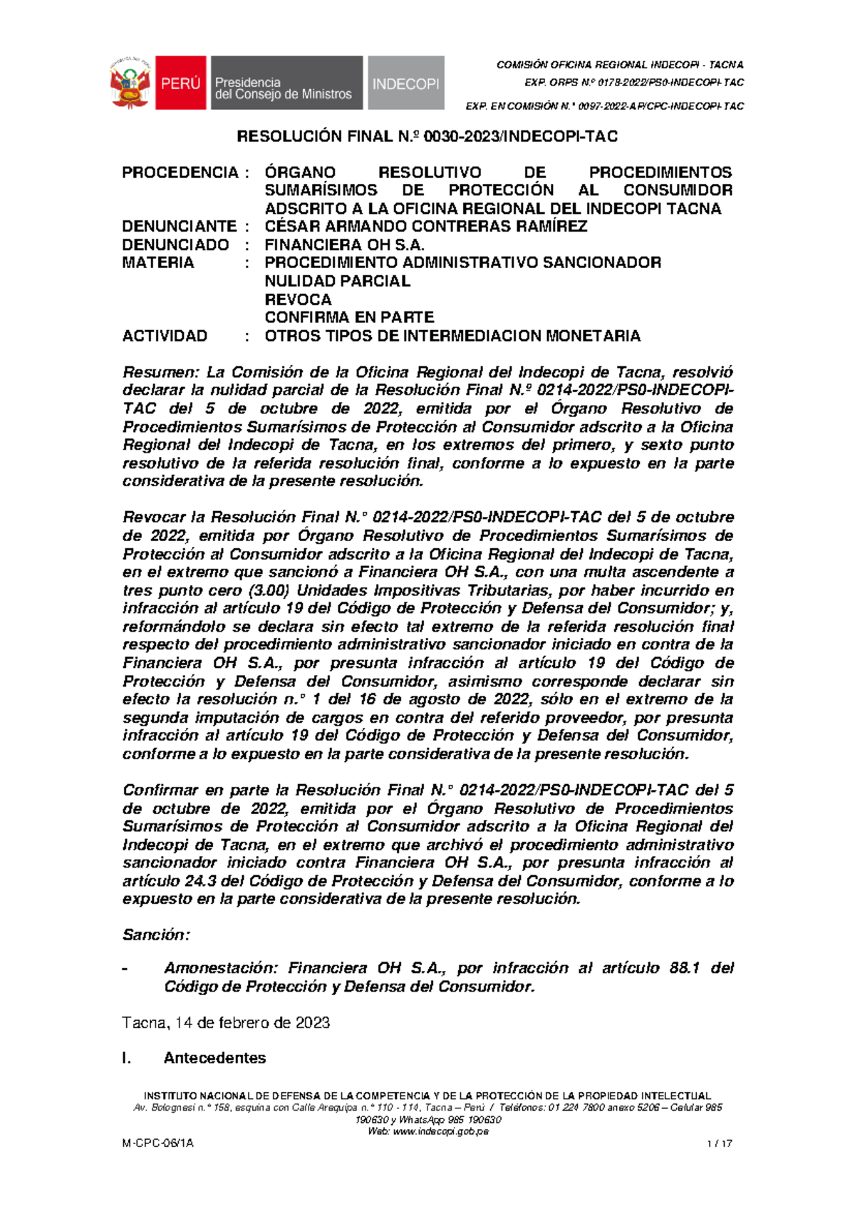 Doc 202303031124427658 ejemplo - EXP. ORPS N.º 0178 - 2022 /PS0-INDECOPI-TAC EXP. EN COMISIÓN N ...