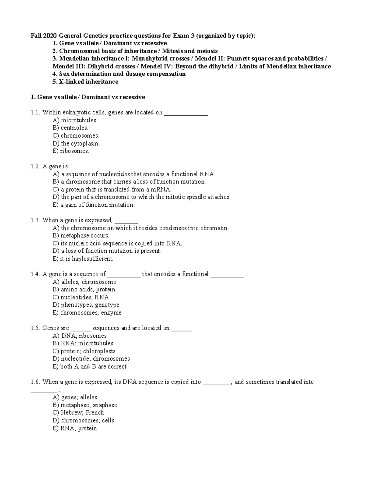 Fall 2020 exam 3 practice questions - Fall 2020 General Genetics ...