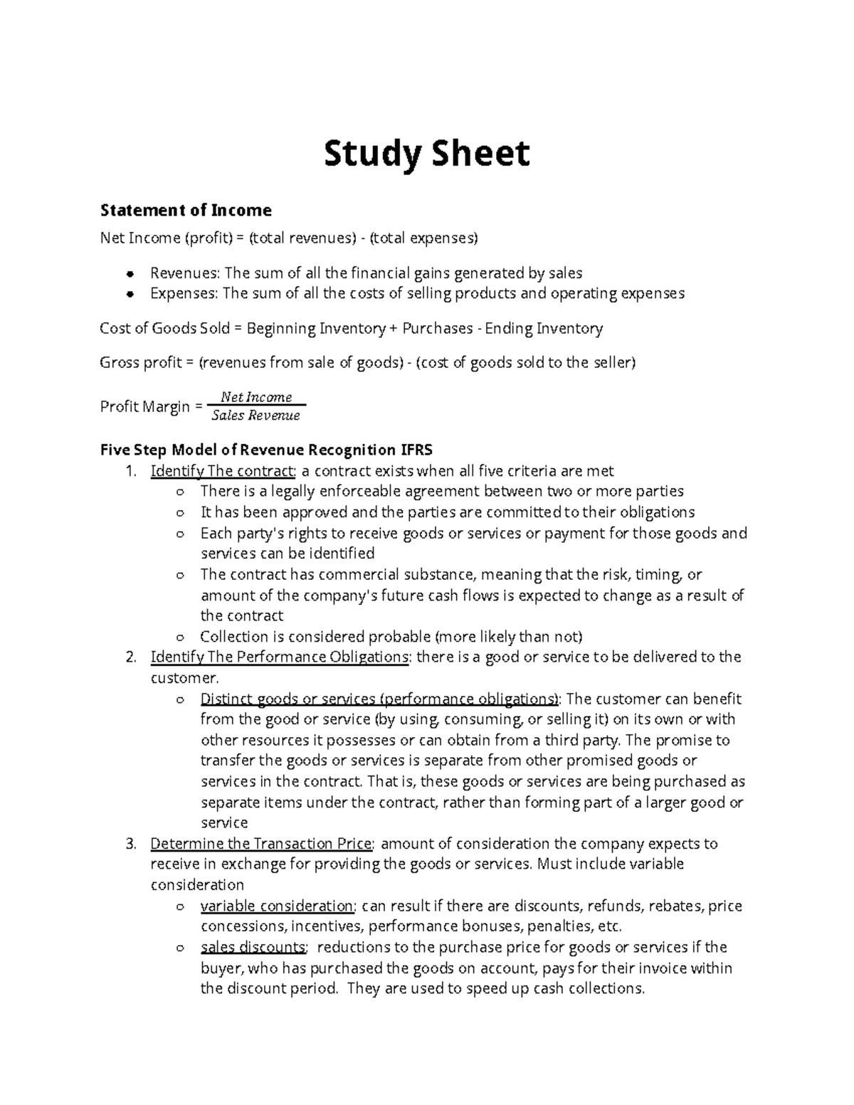 Accounting Practice Sheets - Study Sheet Statement of Income Net Income ...