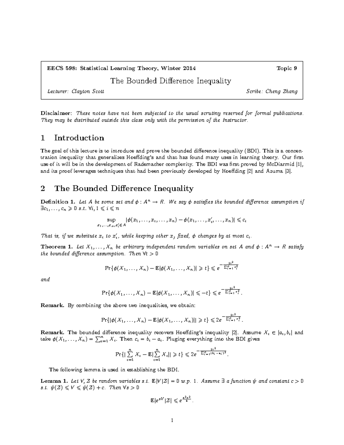Lecture Notes Lecture 9 Bounded Difference Eecs 598 Statistical Learning Theory Winter