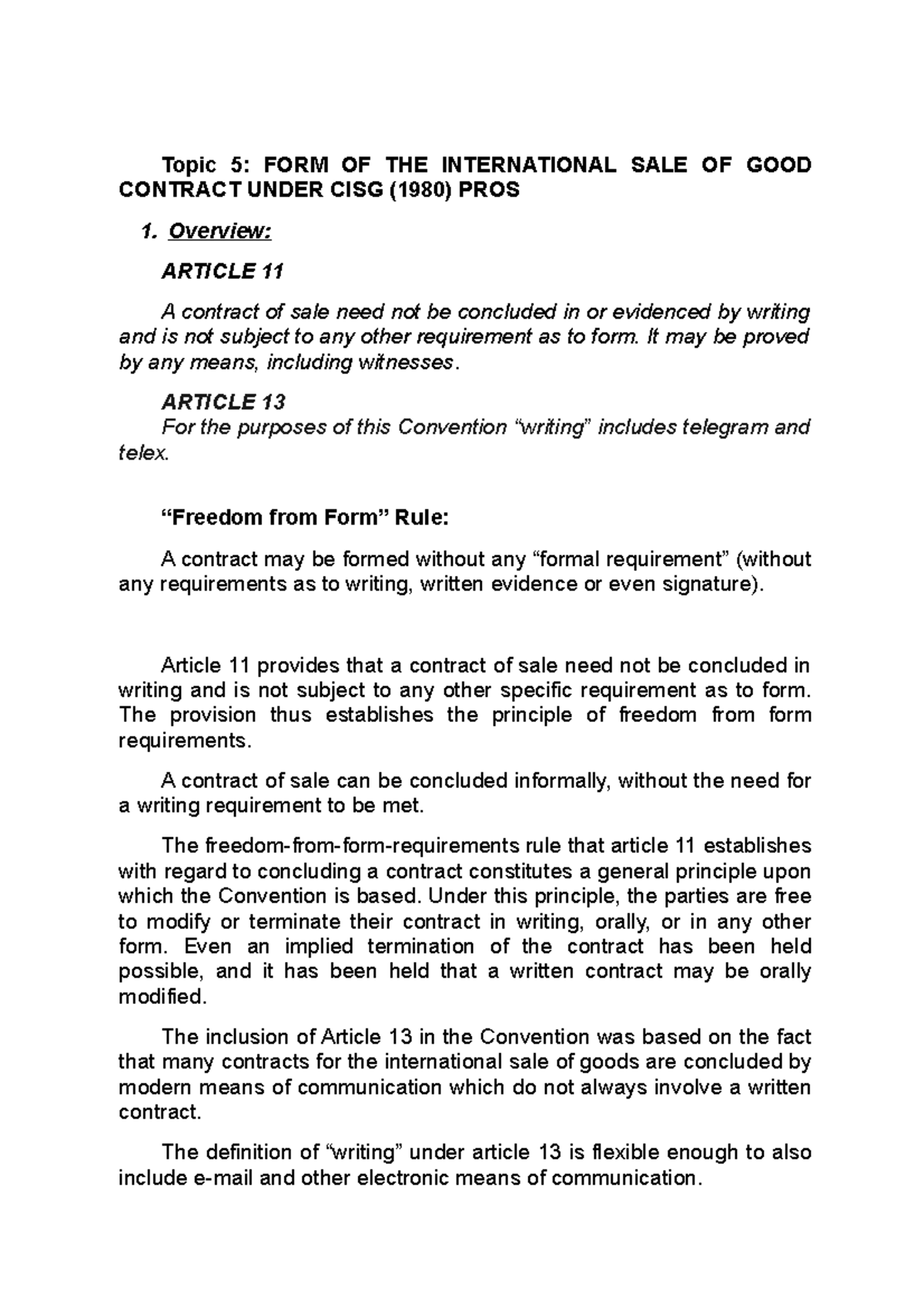 Note PLDC - Prep final - Topic 5: FORM OF THE INTERNATIONAL SALE OF ...