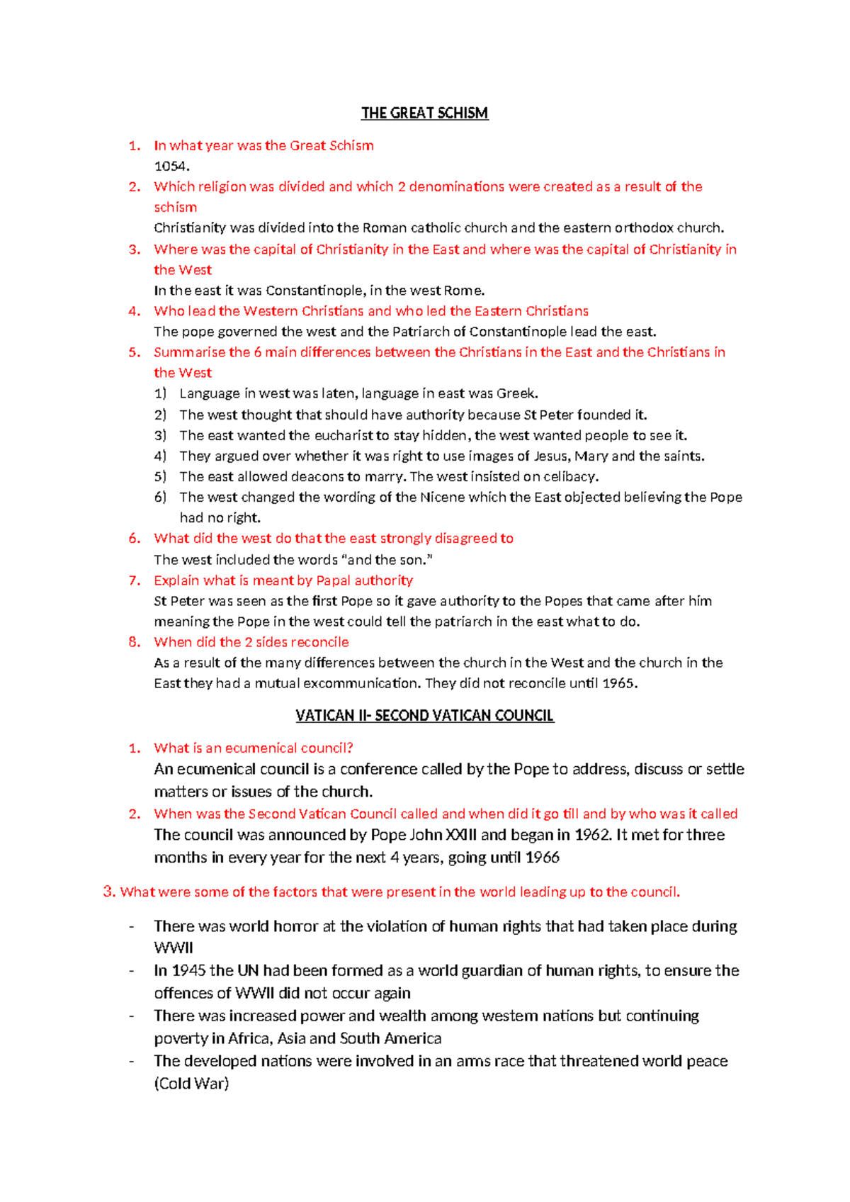 Questions for short answers - THE GREAT SCHISM 1. In what year was the ...