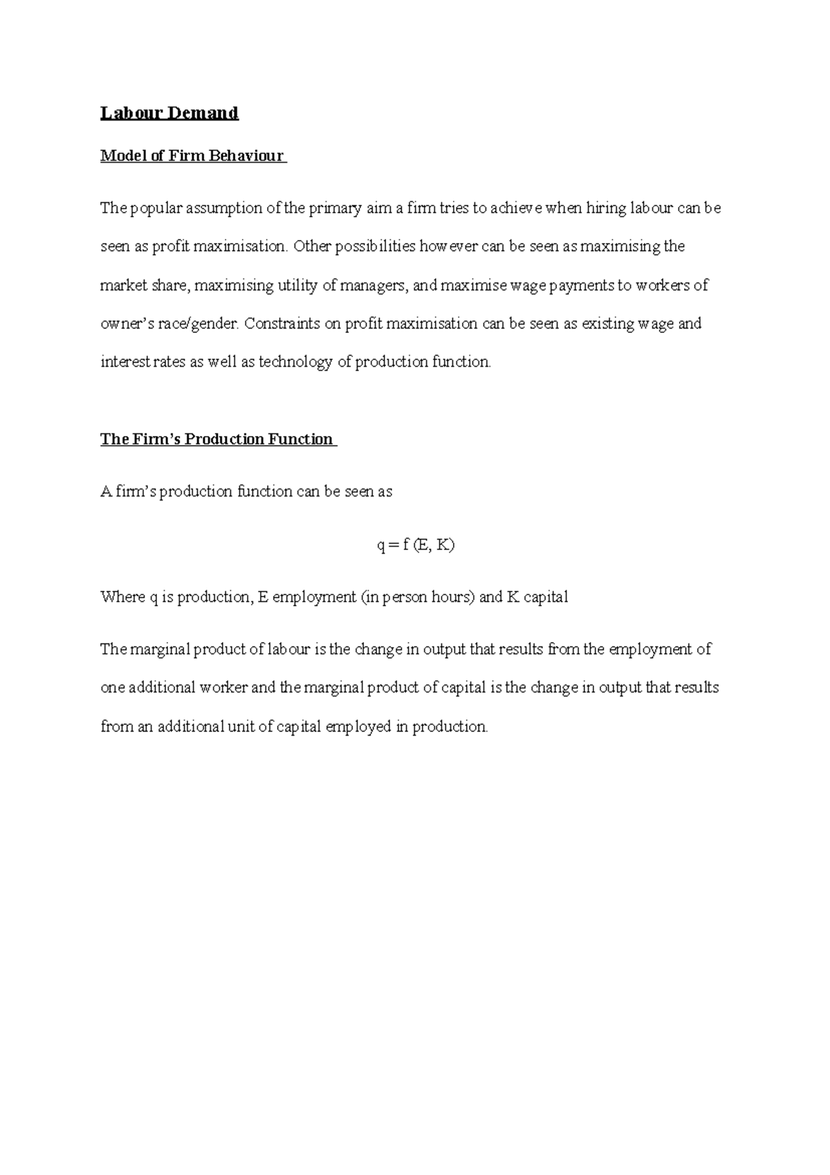 Labour Demand - Test notes - Labour Demand Model of Firm Behaviour The ...