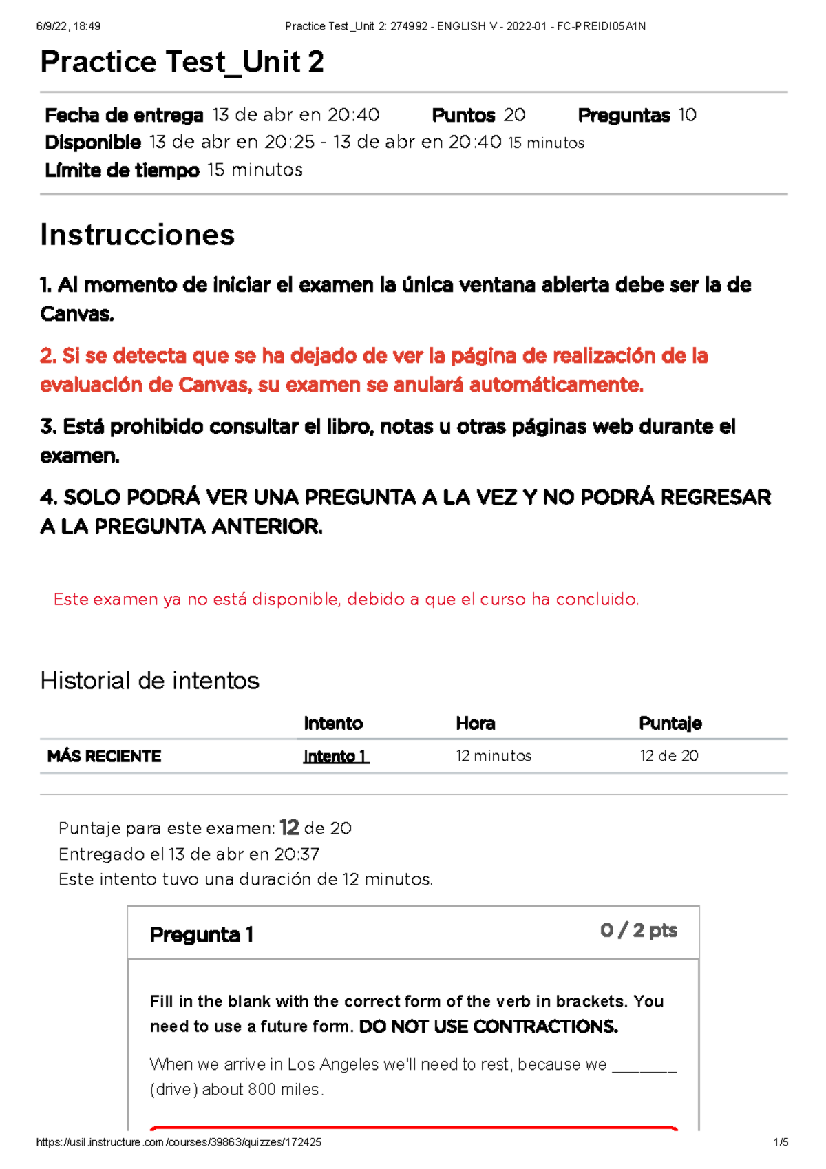 Practice Test Unit 2 274992 - English V - 2022-01 - FC- Preidi 05A1N ...