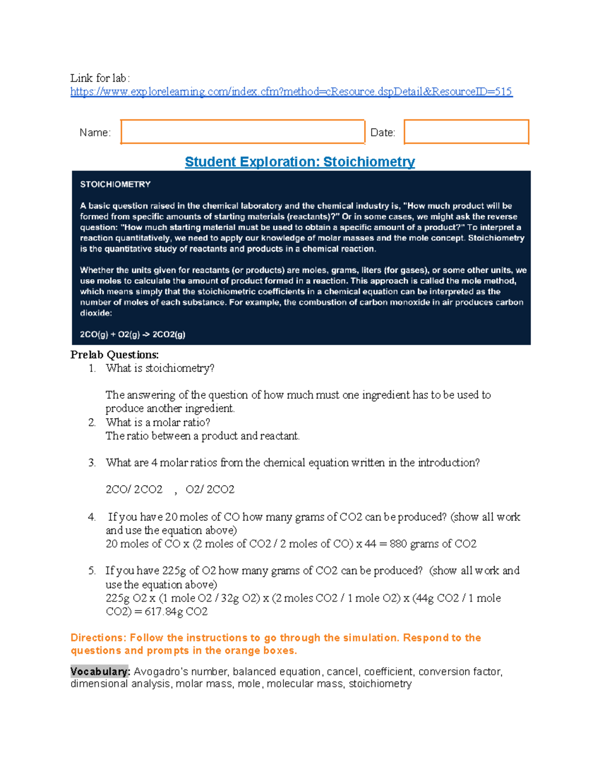 Stoichiometry Gizmo - Link for lab: explorelearning/index.cfm ...