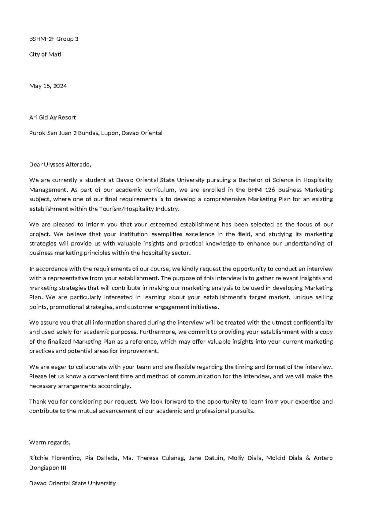 Letter of Intent - BSHM-2F Group 3 City of Mati May 15, 2024 Ari Gid Ay ...