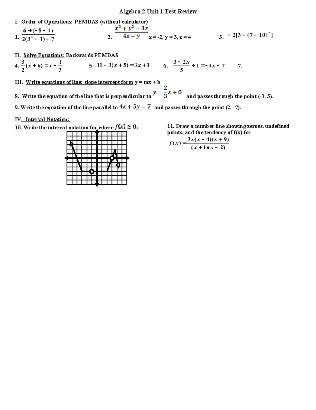 Algebra 2 Unit 1 Review - Algebra 2 Unit 1 Test Review I. Order of ...