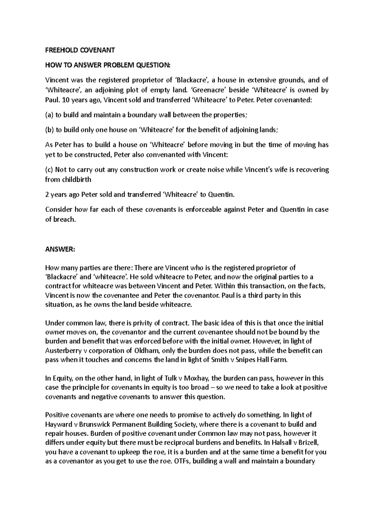 LAND LAW Tutorial Questions - FREEHOLD COVENANT HOW TO ANSWER PROBLEM ...