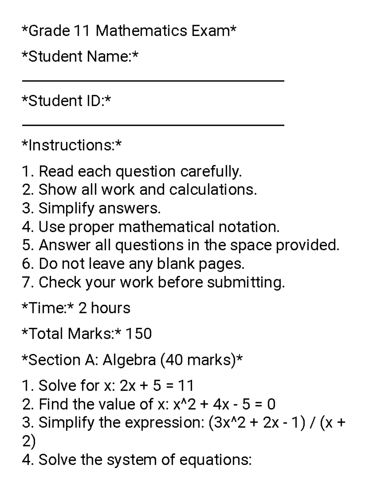 Mathamatic p1 - Grade 11 Mathematics Exam Student Name: Student ID ...