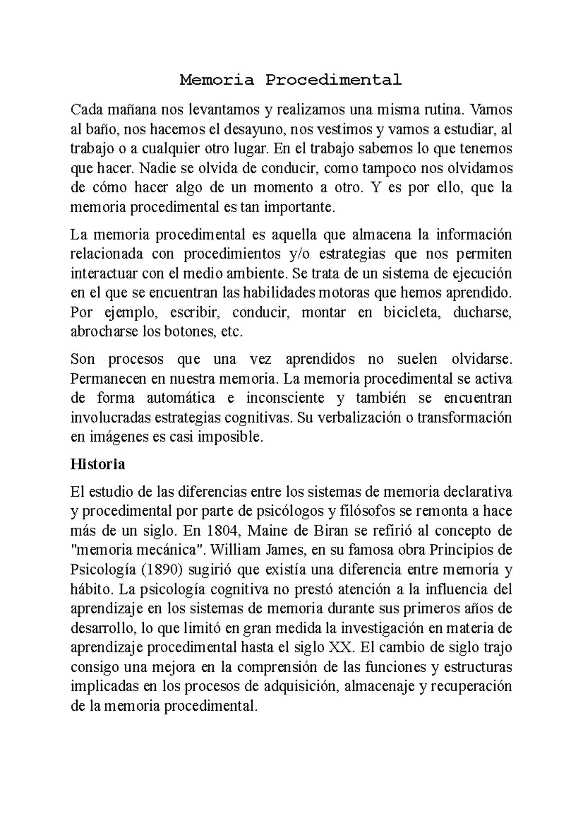 Memoria Procedimental - Memoria Procedimental Cada mañana nos ...