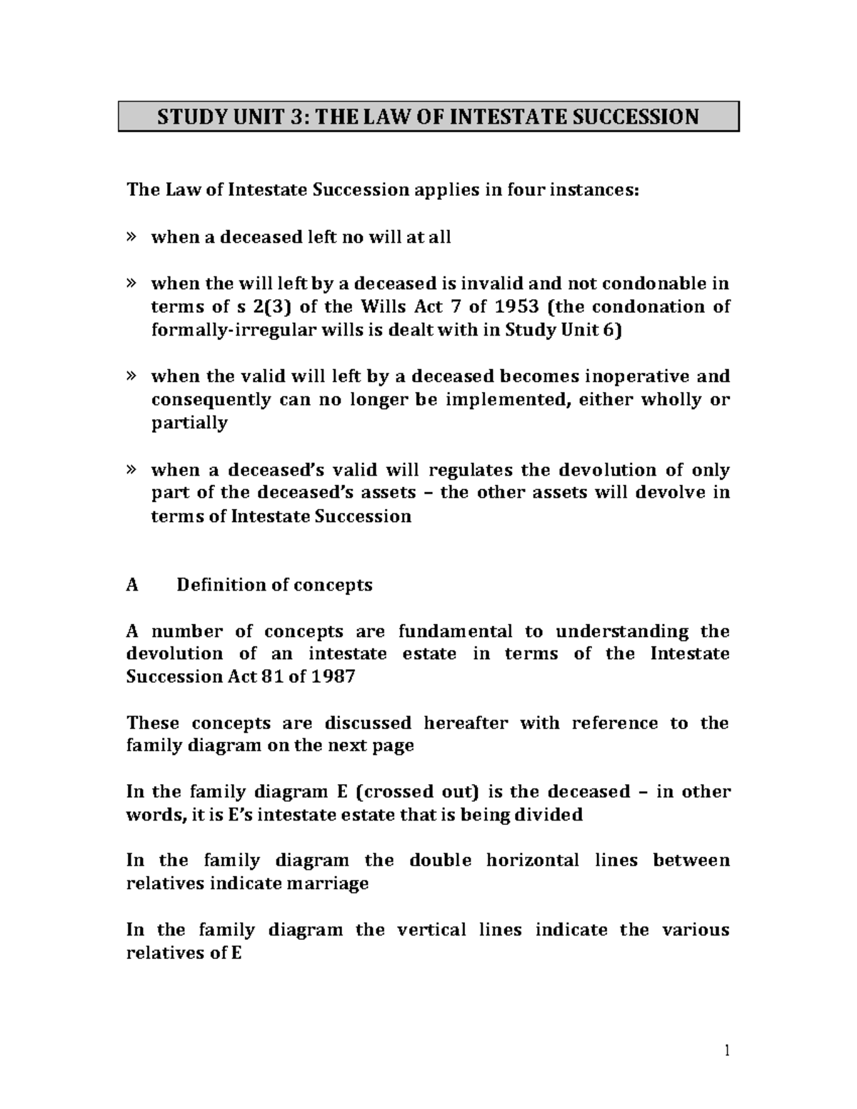 Unit 03 - Notes - STUDY UNIT 3: THE LAW OF INTESTATE SUCCESSION The Law ...