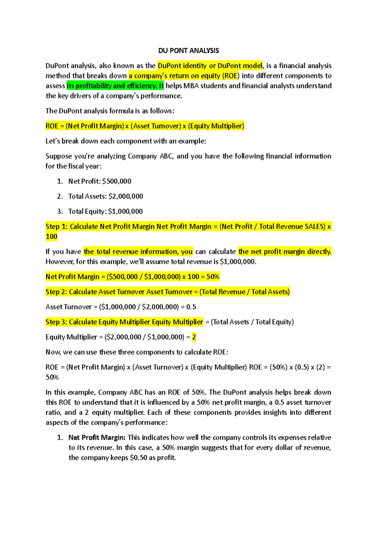 DU PONT Analysis - DU PONT ANALYSIS DuPont analysis, also known as the ...