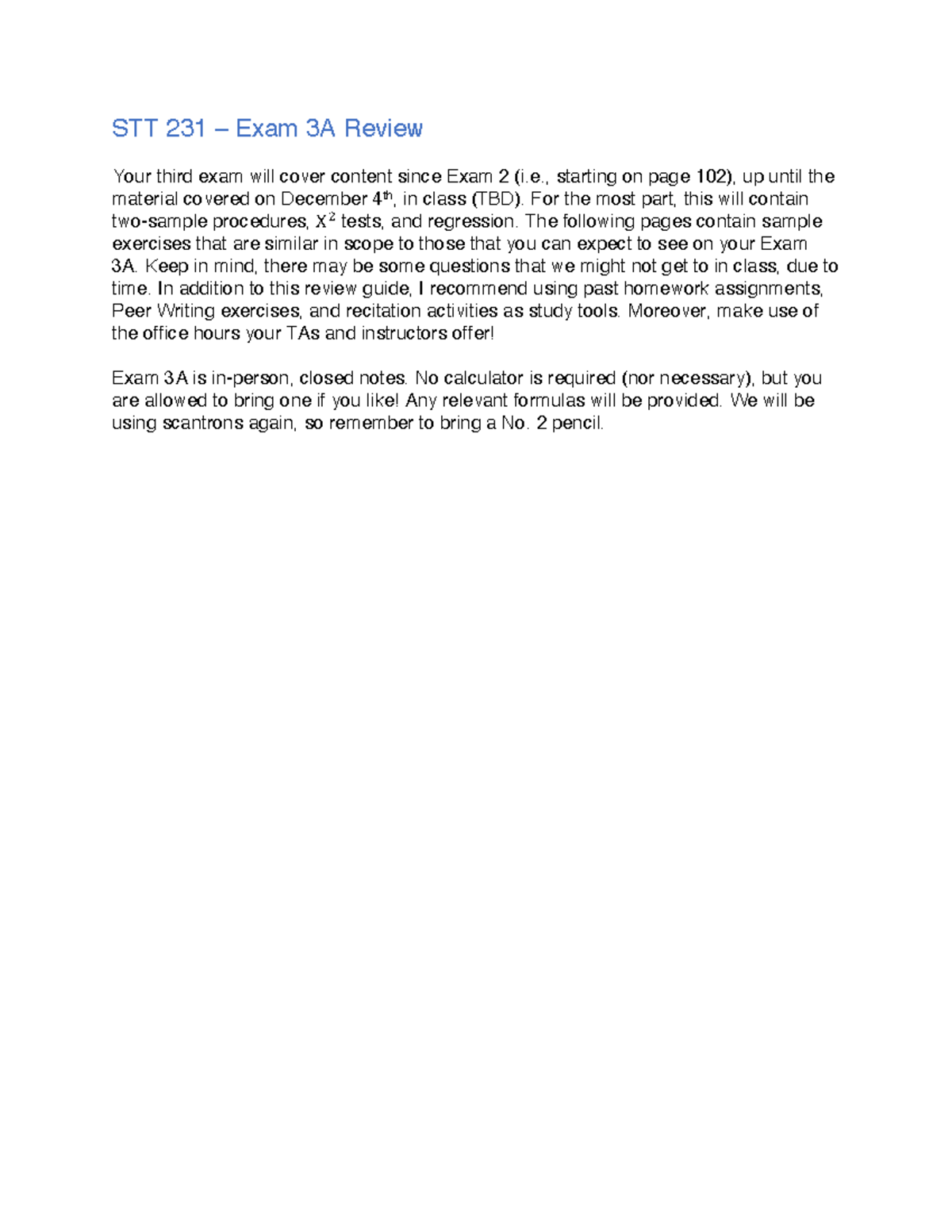 Fall 2023 Practice Exam 3A - STT 231 – Exam 3 A Review Your third exam ...