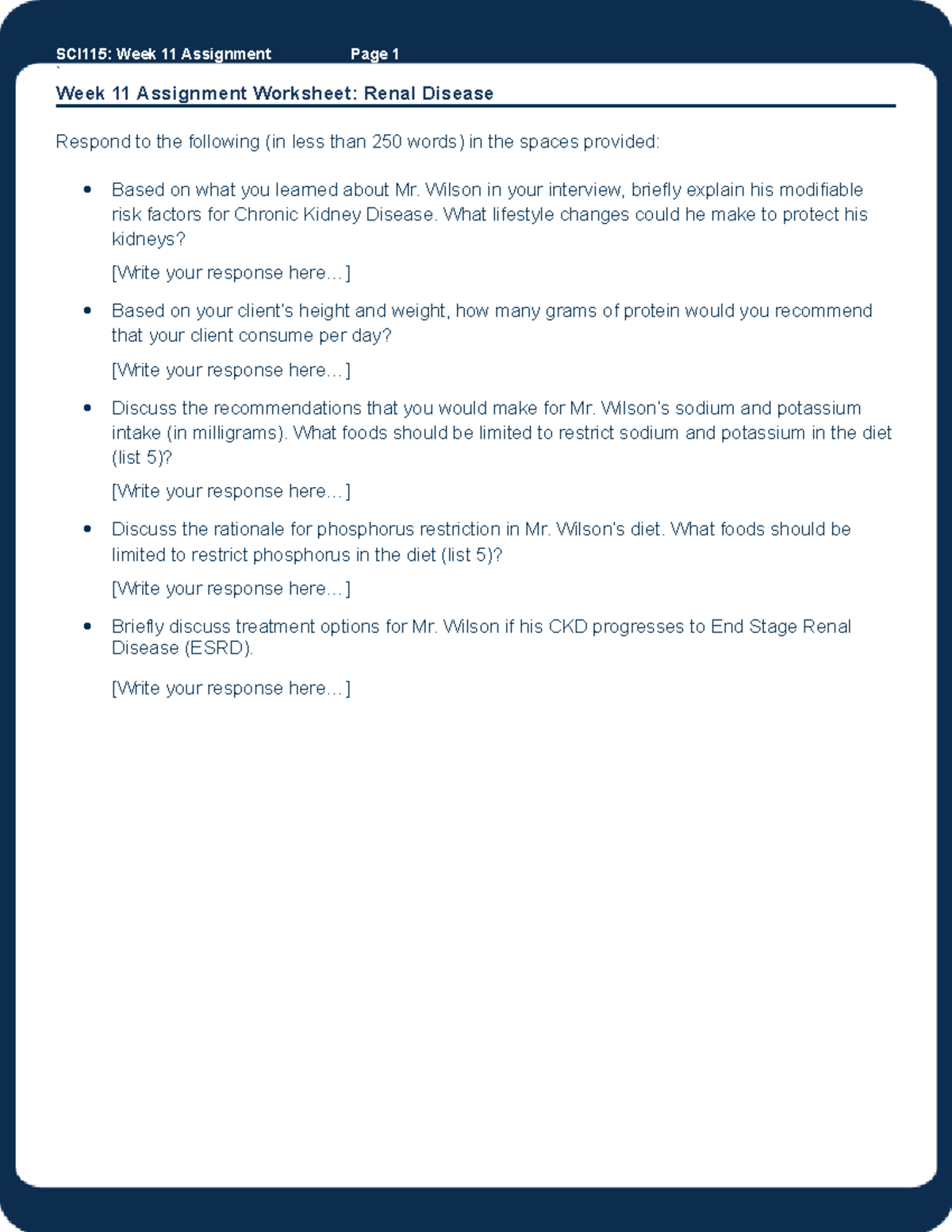 SCI115H Wk11 Assignment Worksheet - SCI115: Week 11 Assignment Page 1 ` Week 11 Assignment - Studocu