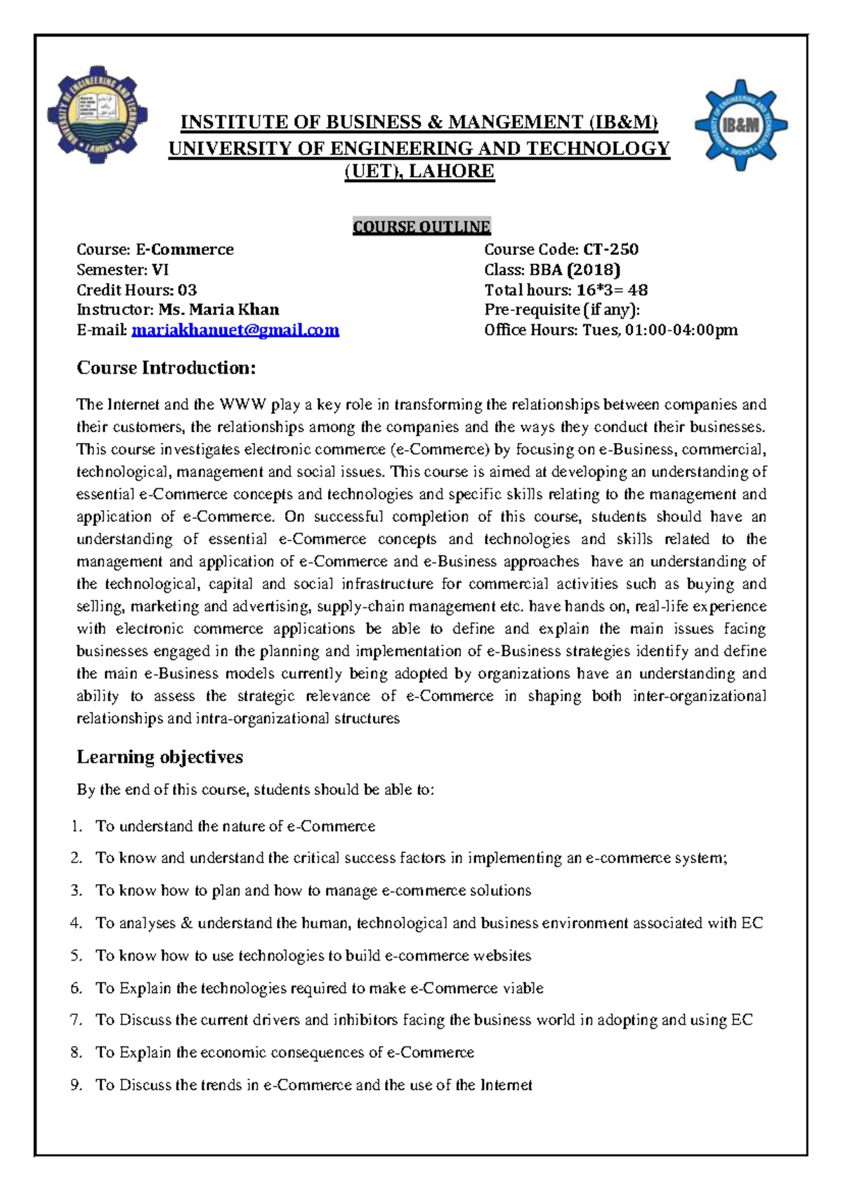 E Commerce Course Outline 2018 Session - INSTITUTE OF BUSINESS ...