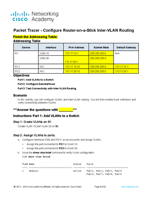 Packet Tracer - Configure VLANs and Trunking - Physical Mode - Topology Addressing Table Device ...