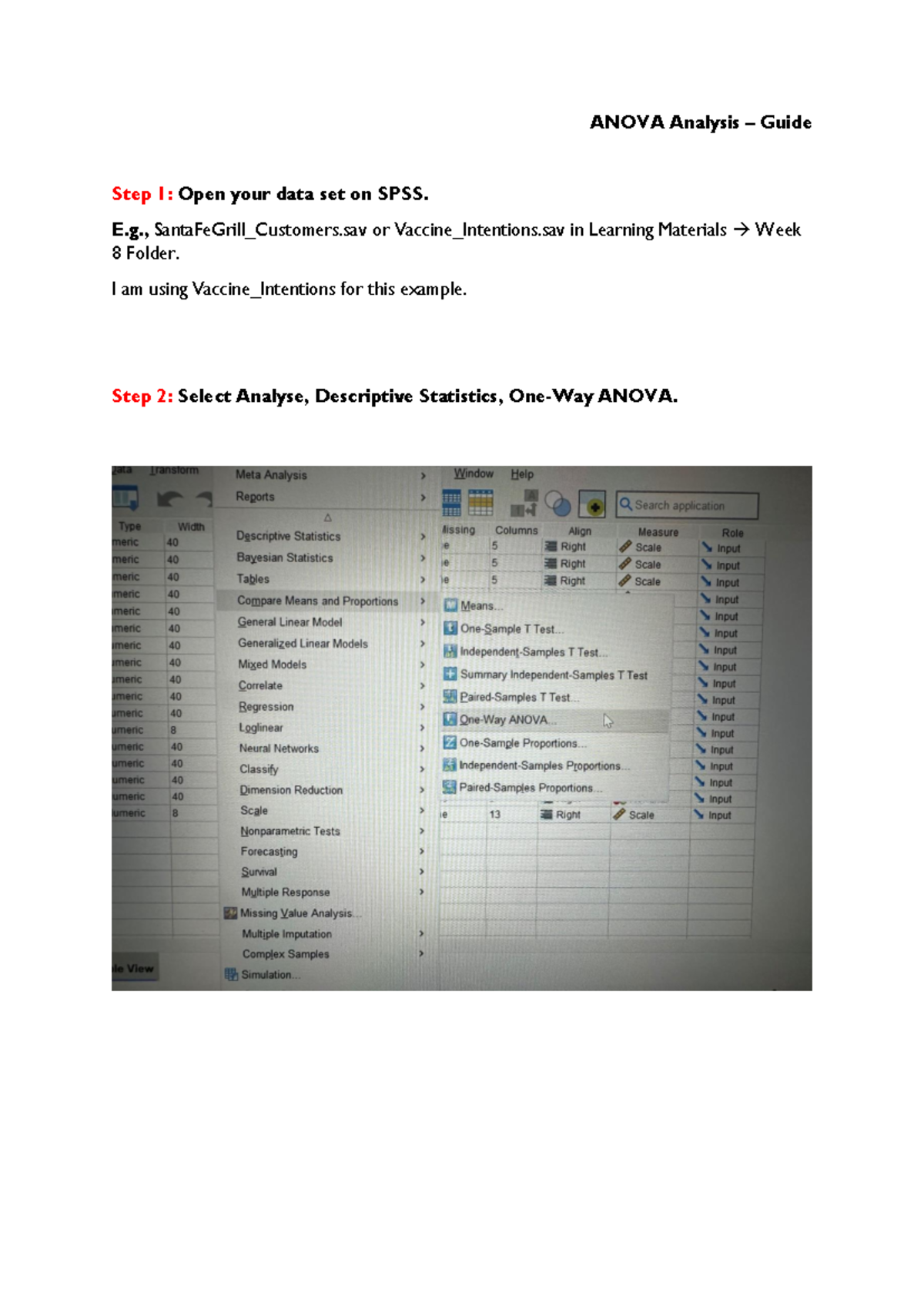 Anova.docx 2024-05-10 07 16 48 - ANOVA Analysis – Guide Step 1: Open your data set on SPSS. E ...