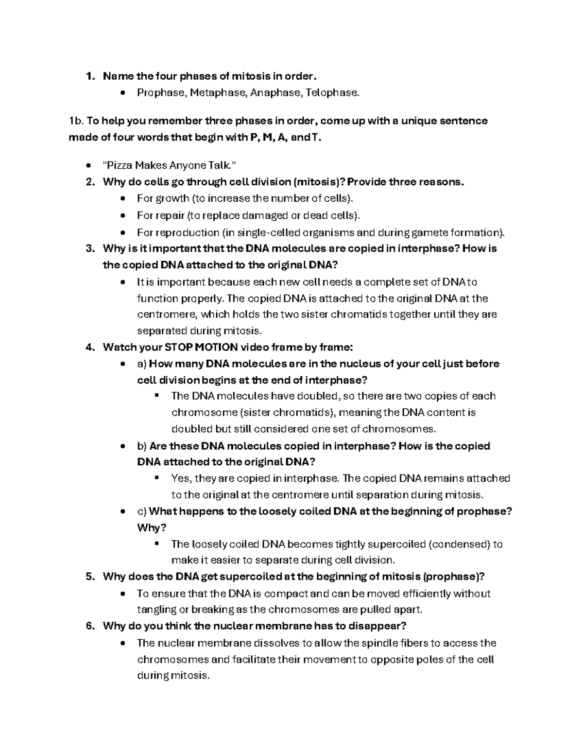 Document 1 - worksheet answers - Name the four phases of mitosis in ...