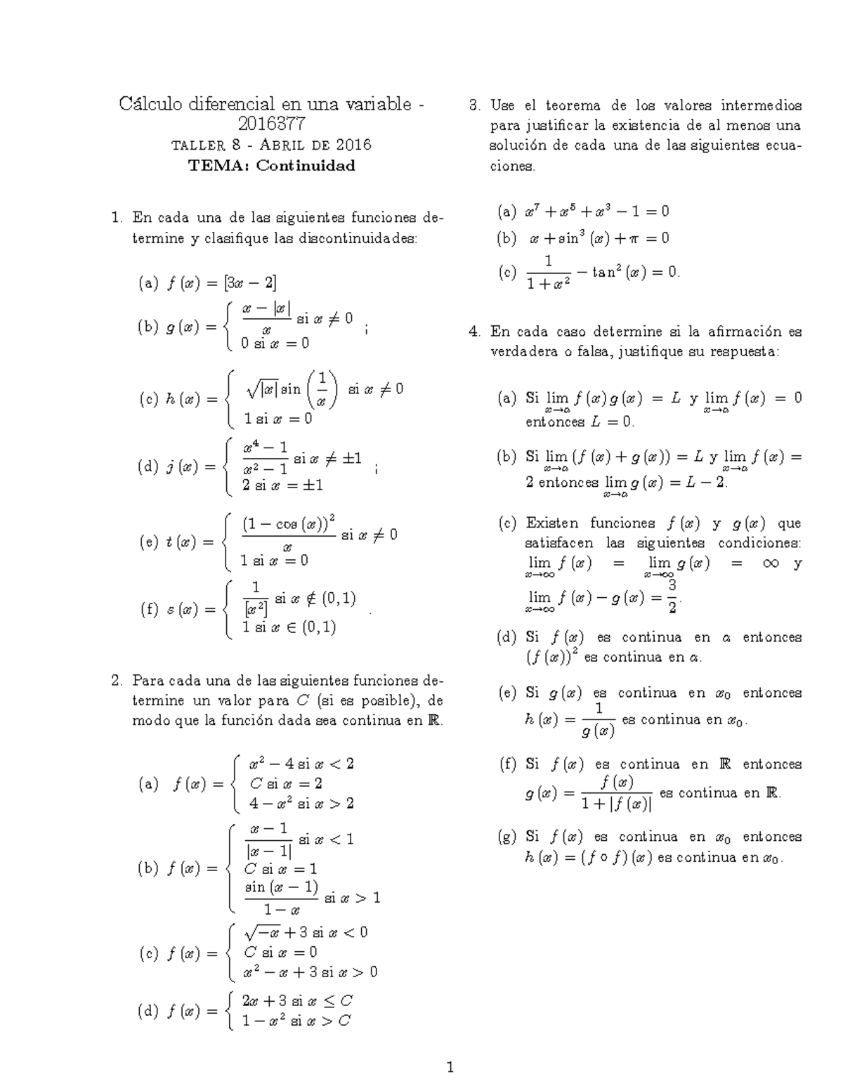 Taller 8-I - Cálculo Diferencial - C·lculo diferencial en una variable - 2016377 taller 8 ...