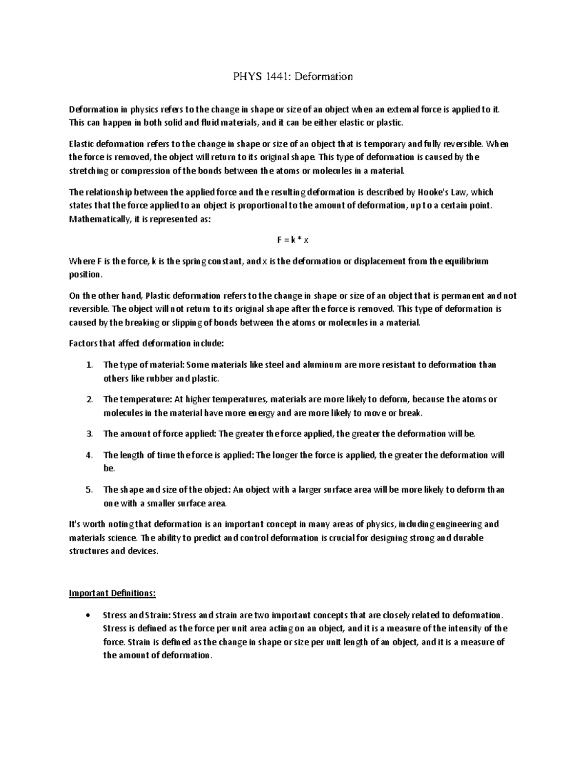 Introduction to Deformation in Physics 1 - PHYS 1441: Deformation ...