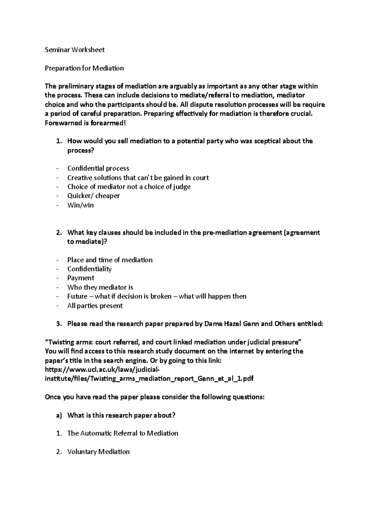 S9 Mediation - Seminar Worksheet Preparation for Mediation The ...