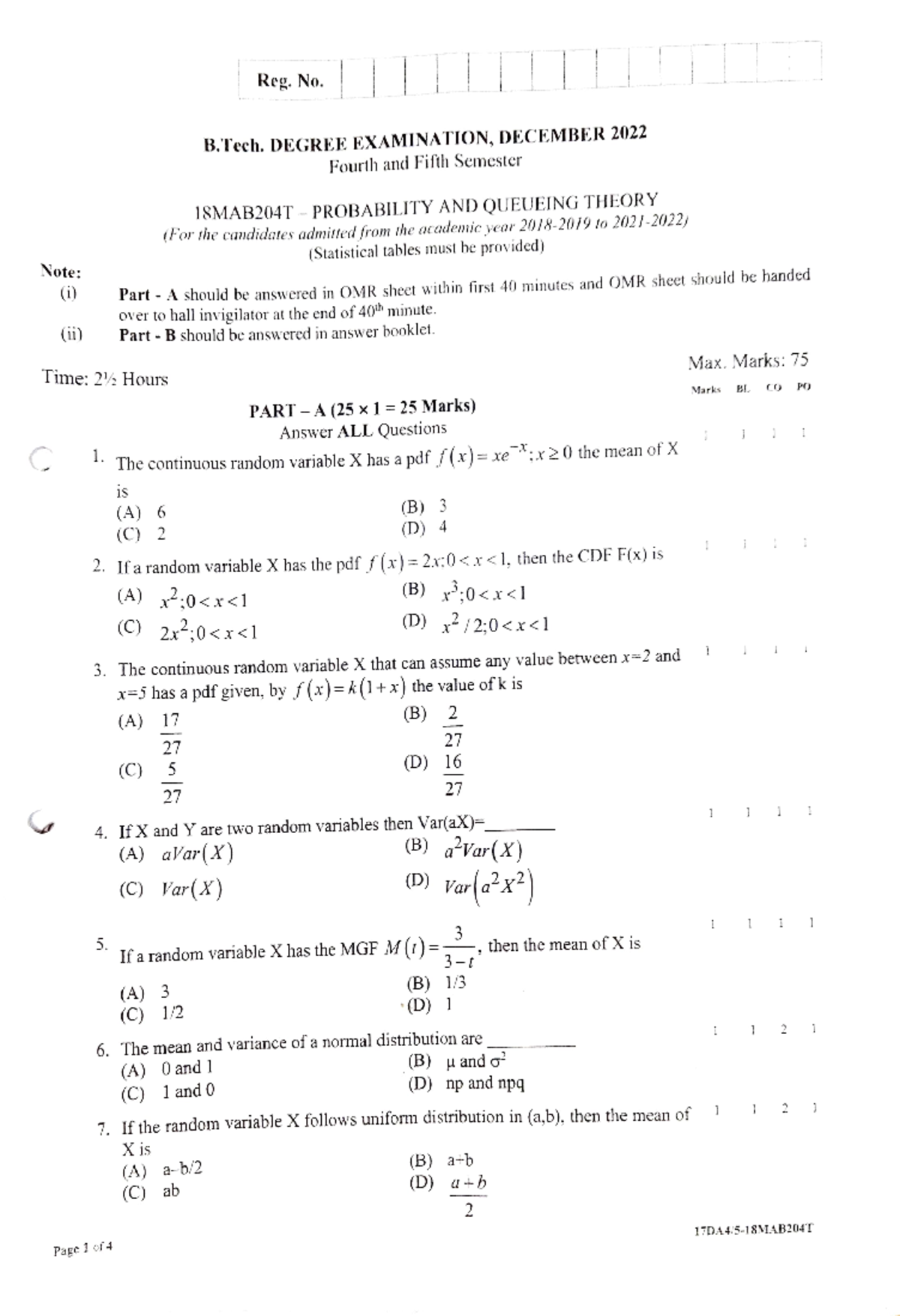 University exam qp 2022 - Note: (i) (ii) 1 Time: 2% Hours 5. Part - A ...