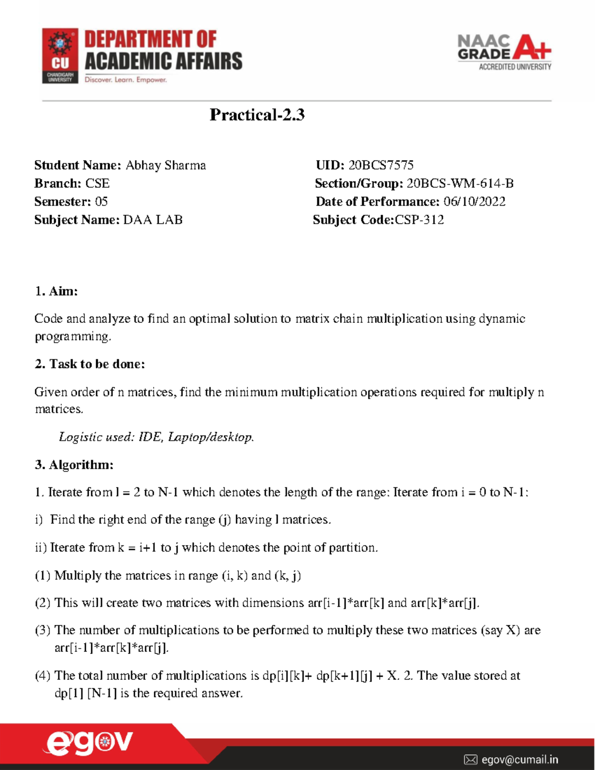 20bcs7575 2 - Worksheet - Practical-2. Student Name: Abhay Sharma UID ...