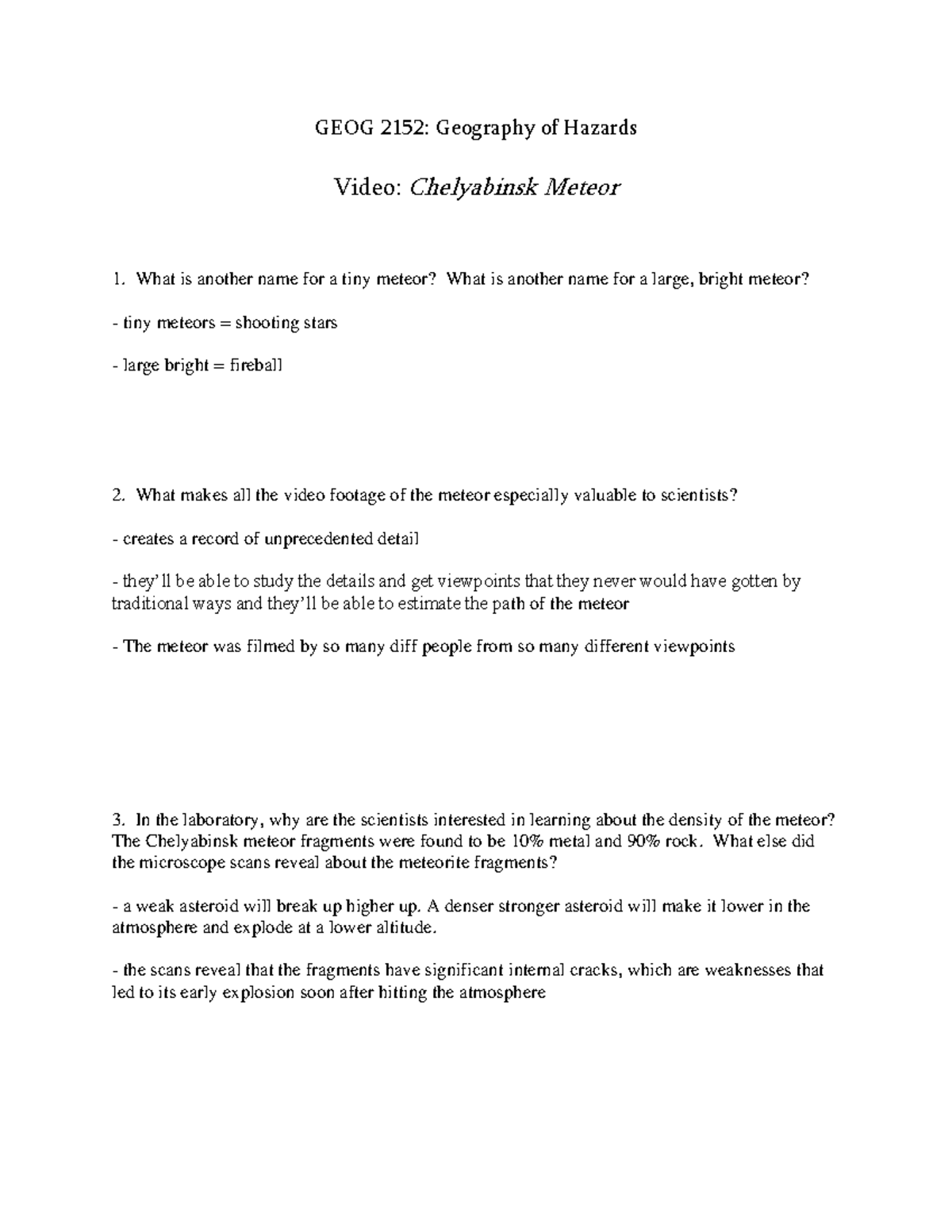 Geo Chelyabinsk Meteor - GEOG 2152: Geography of Hazards Video ...