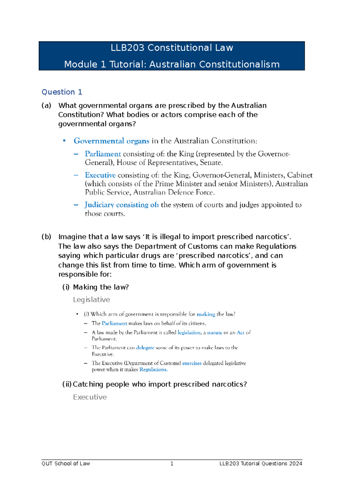 Module 1 Tutorial Questions - Australian Constitutionalism-1 - LLB203 Constitutional Law Module ...