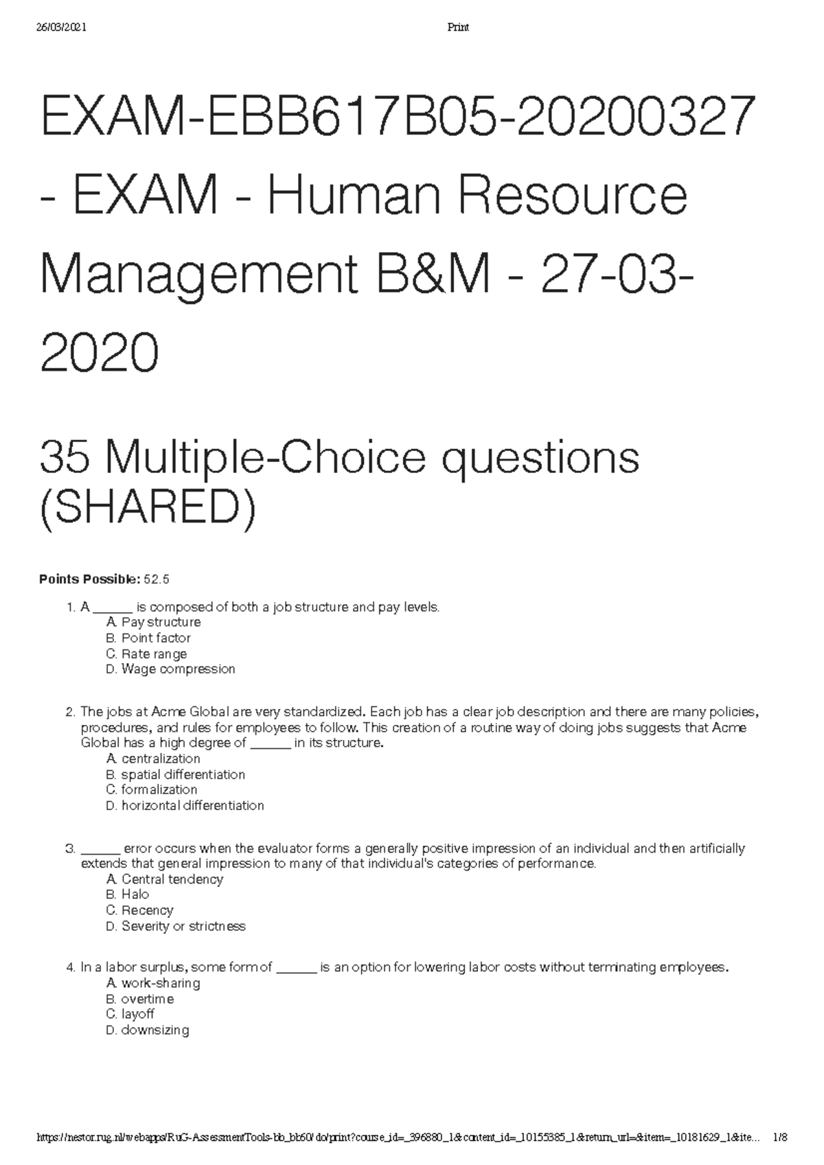 Mock Exam 2021 Hrmbm - Mock Exam 2020/2021 HRM B&M - EXAM-EBB617B05 ...