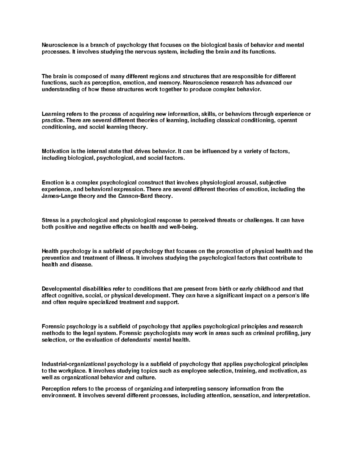 Psych - Neuroscience is a branch of psychology that focuses on the ...